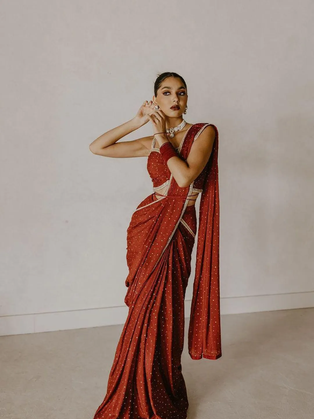 Red Chinon Silk Saree, Premium Mukesh Work With Handwork Lace, Indian ...