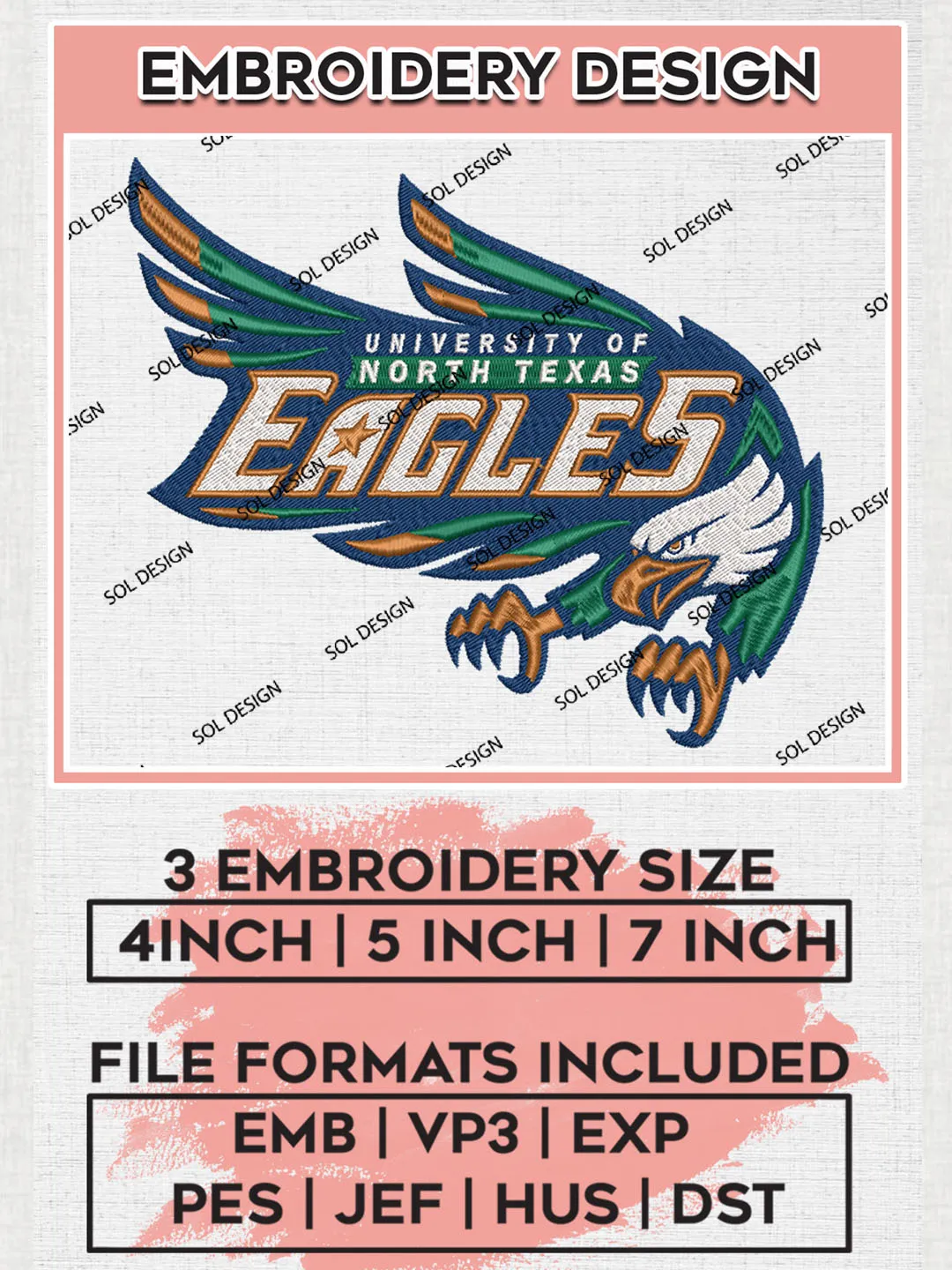 North Texas Eagles Team Logo Embroidery Design Files, NCAA North Texas ...