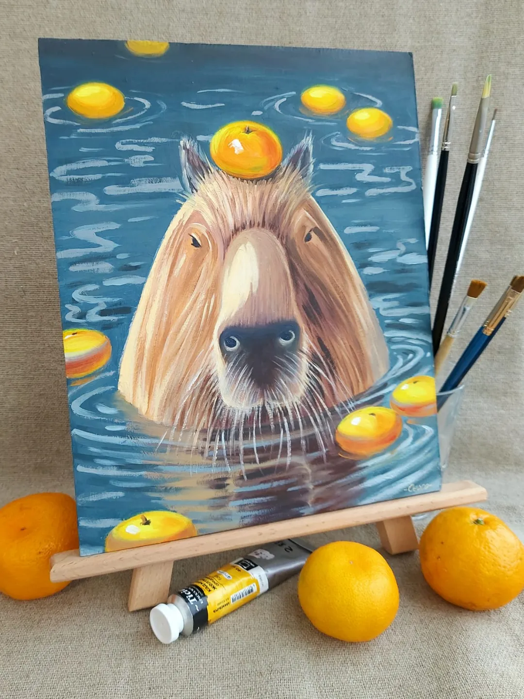 Capybara Original Oil Painting Animal Wall Art 12x9.5 inches.