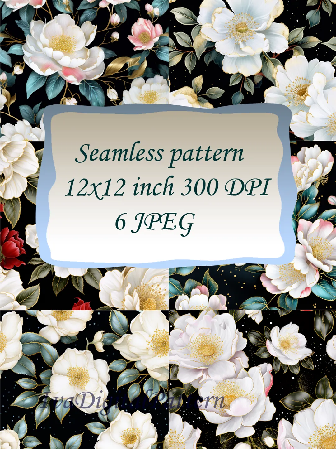 Seamless watercolor blue peony pattern, digital paper, floral pattern ...