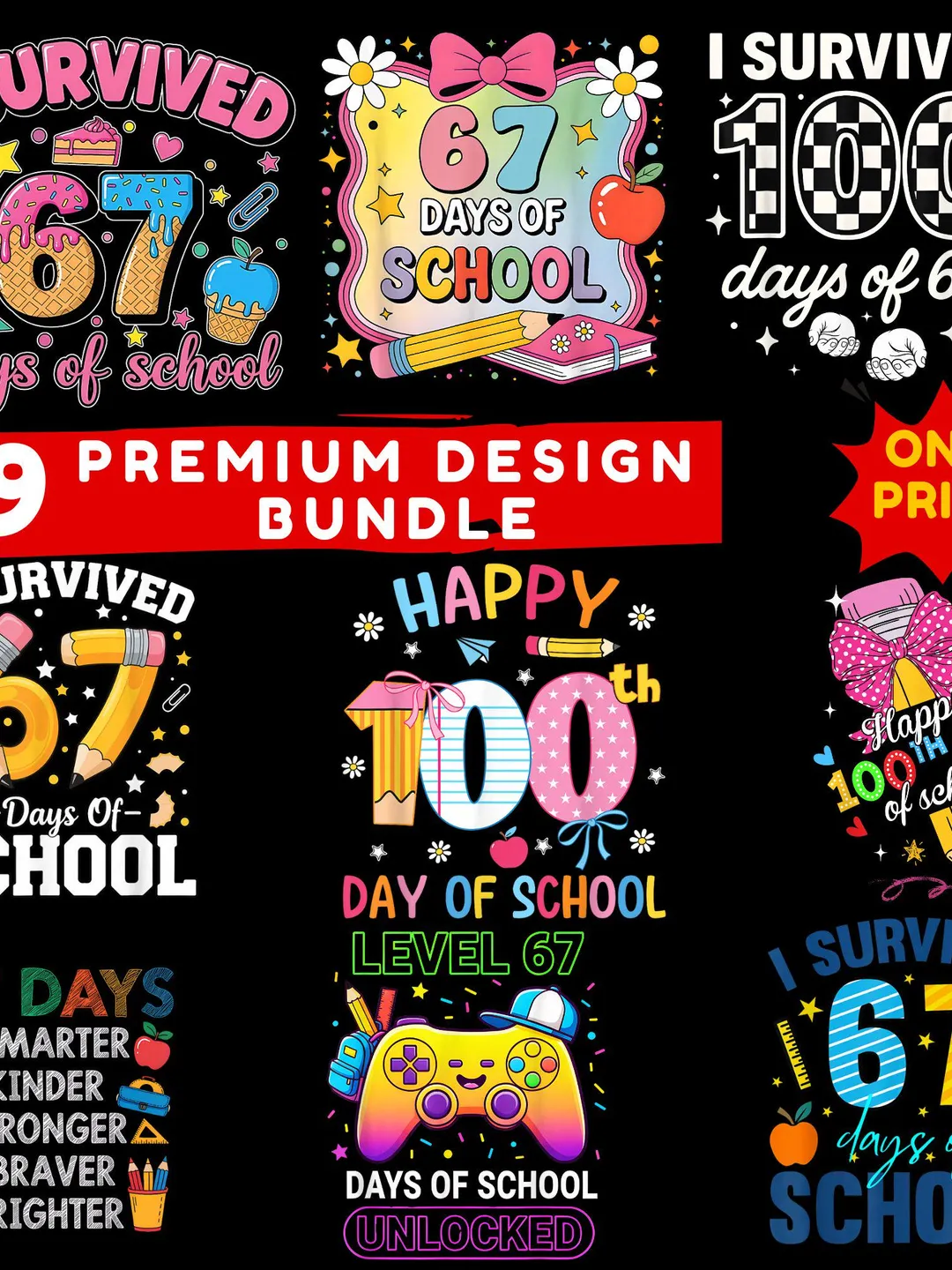 100th Day Of School Png Bundle, 67th Day Of School Png Bundle, 100 Days ...