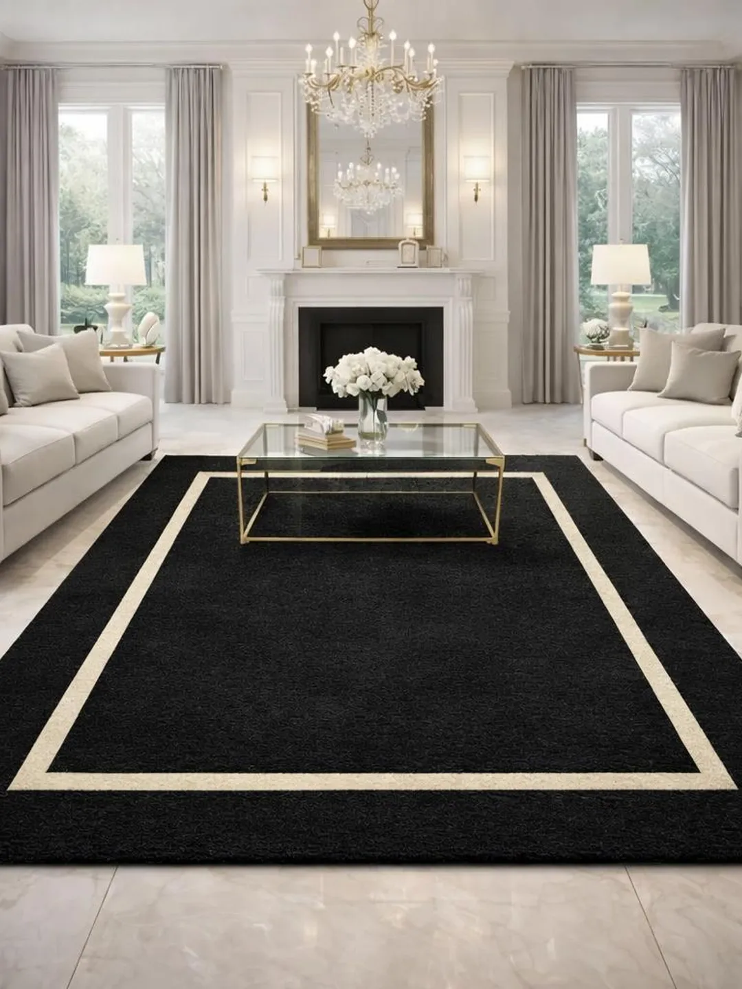 Modern Black Area Rug with Ivory Border – Minimalist Luxury Living Room Rug