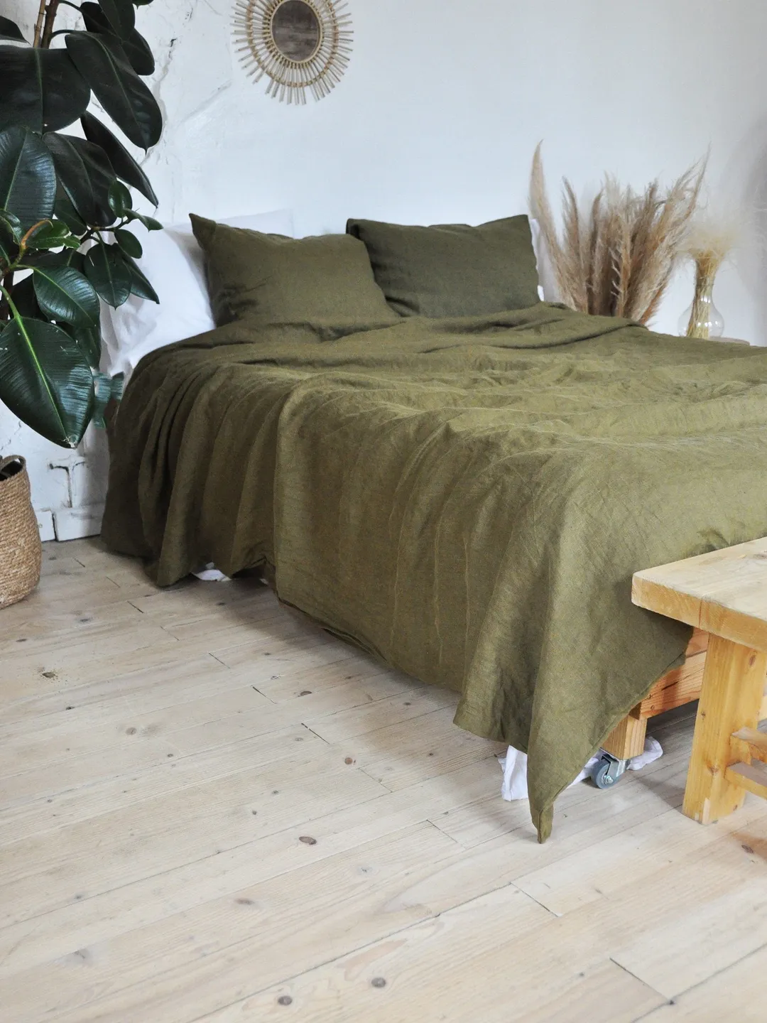 Olive linen sheet set / 1 flat sheet + 1 fitted sheet + 2 pillowcases ...