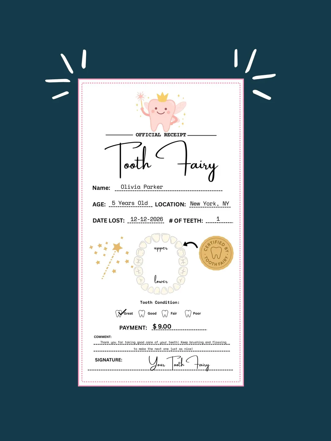 Realistic Tooth Fairy Receipt Printable – First Lost Tooth Certificate
