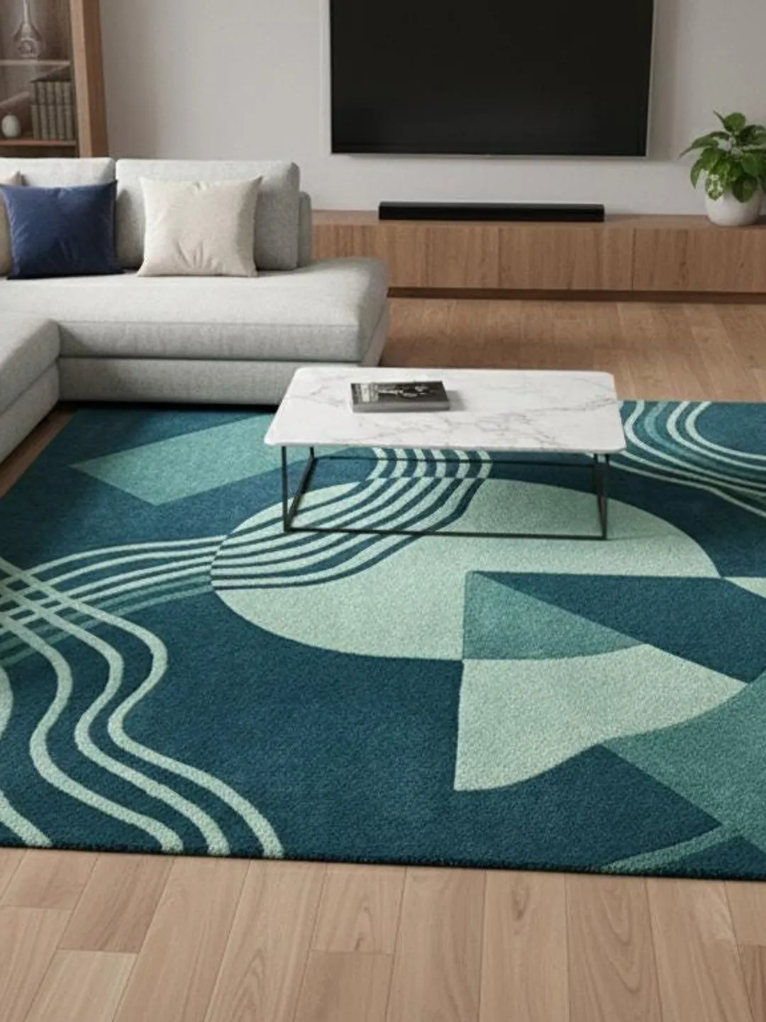 Teal Geometric Wool Rug, Hand Tufted Abstract Area Rug