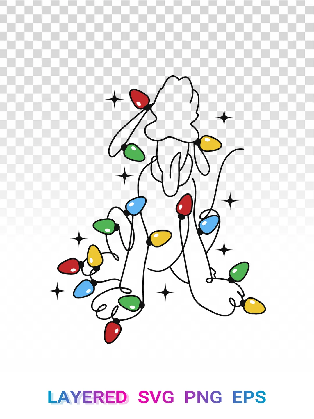Pluto Christmas Lights SVG, Disney Holiday One Line Art PNG