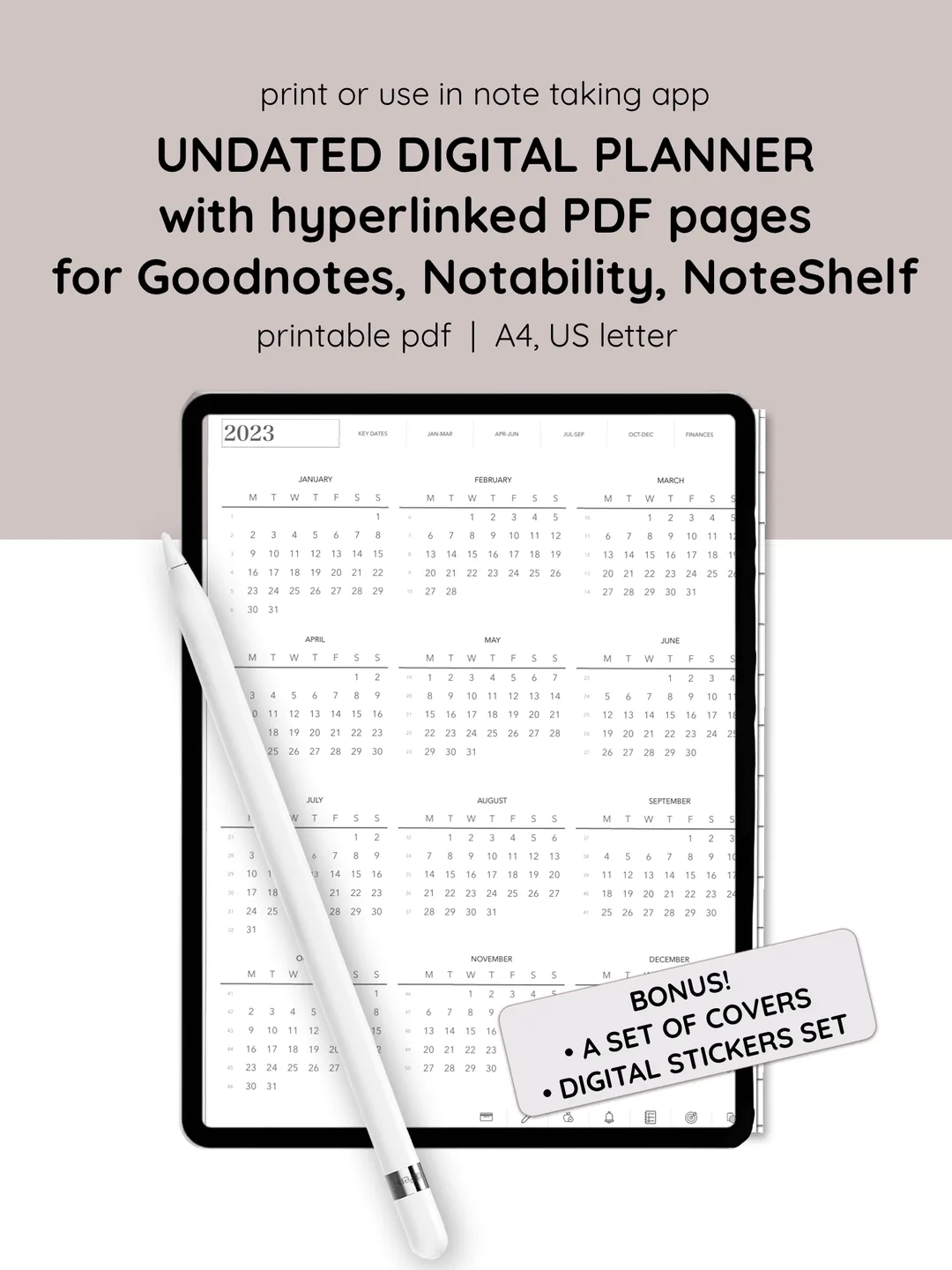 Undated digital planner. GoodNotes PDF planner. Hyperlinked Android Planner