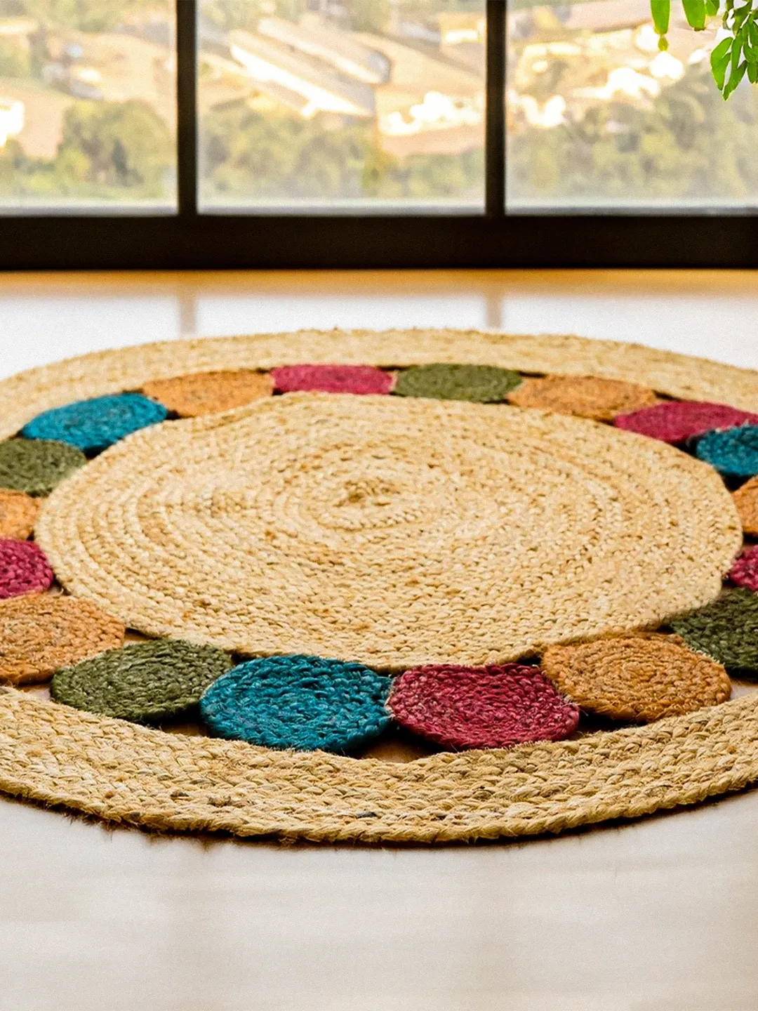 Natural Jute round Rug with Medallions, Braided Boho Rug, Multicolour ...