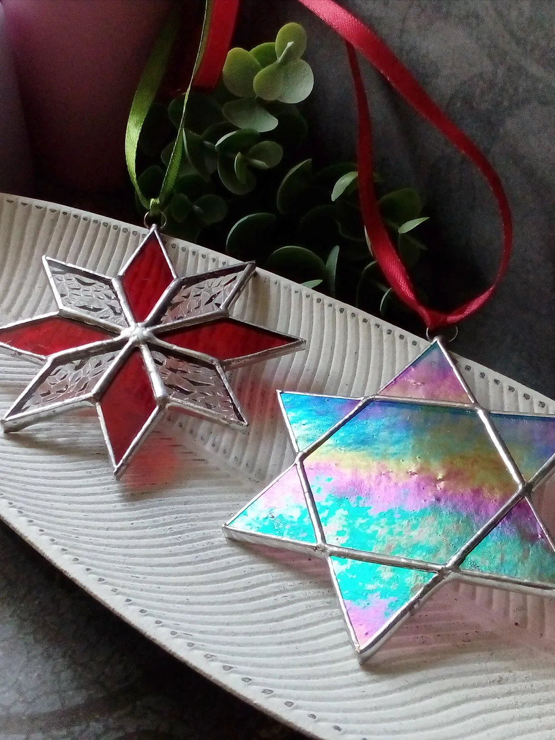 Set of 2 snowflake suncatchers, christmas ornaments, simple stained ...