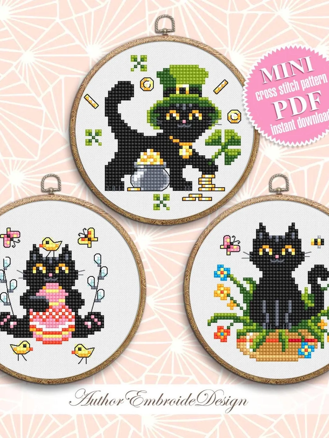 Set Black cat cross stitch pattern PDF download Cat holiday cards cross ...
