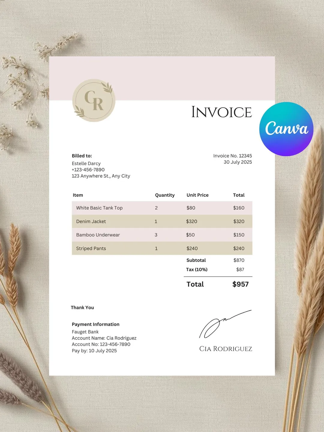 Pink Invoice Template | Personalized Business Invoice | Custom Sales ...