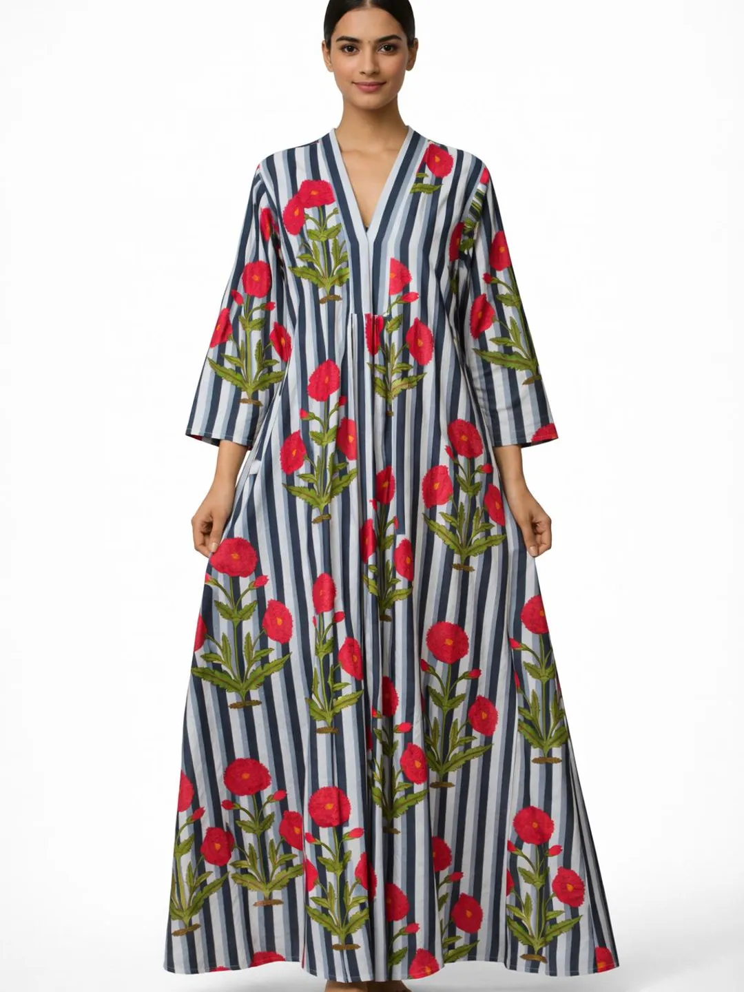 Hand Block Printed Cotton Maxi Dress, White Floral Indian Kurta, Boho ...