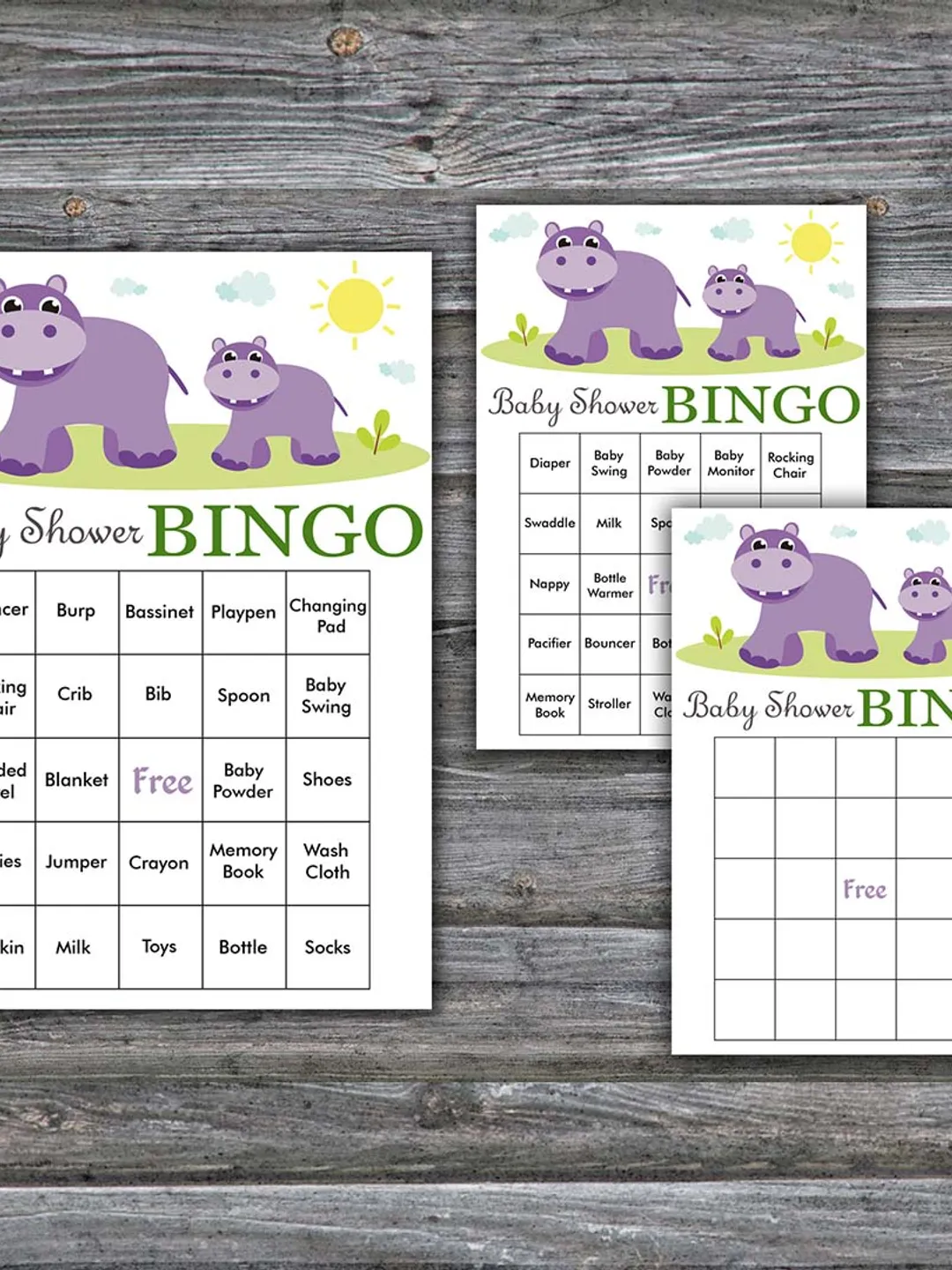 60 Hippo Baby Shower Bingo Cards,Safari Baby Shower Bingo Games ...