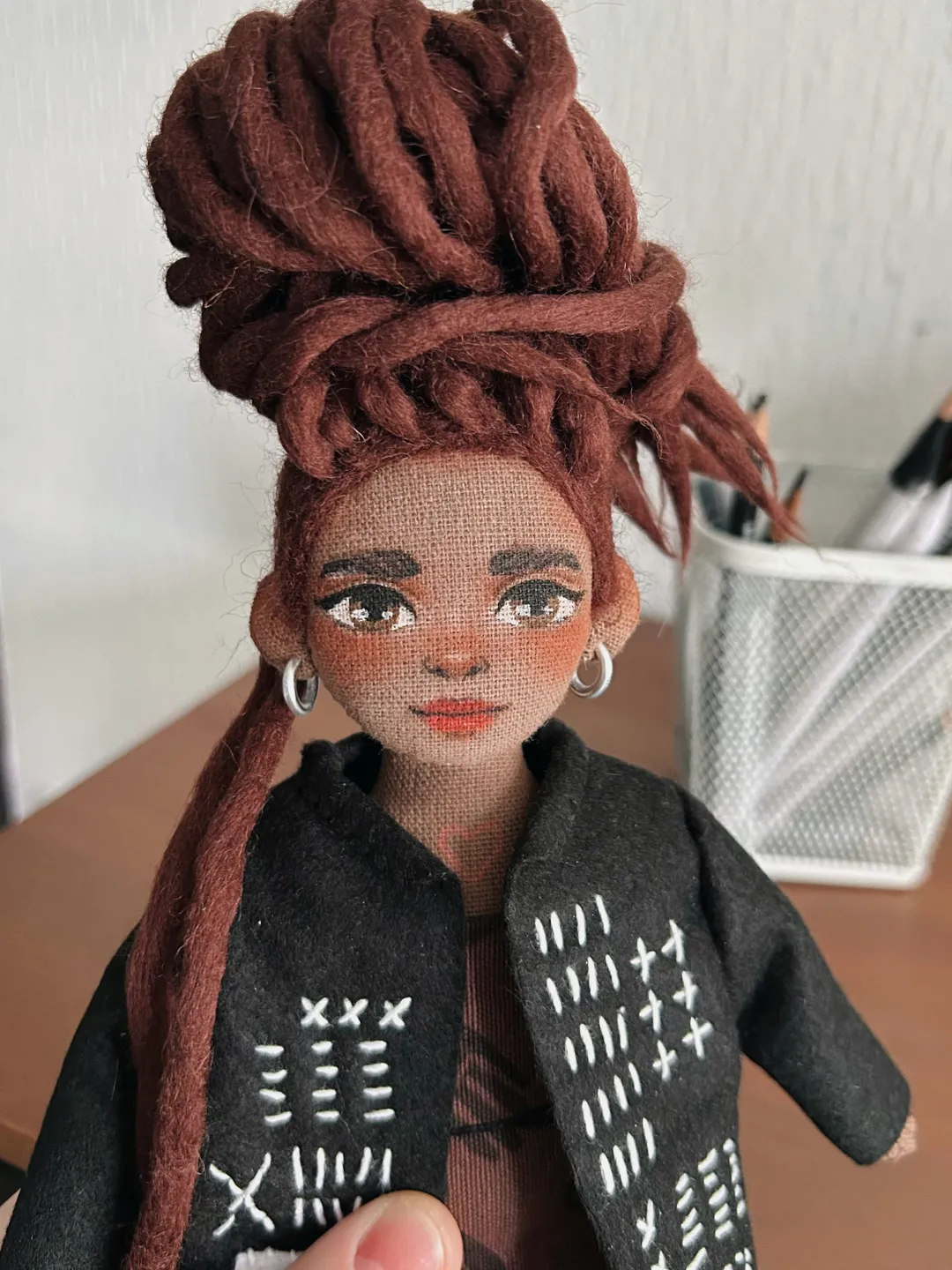 Textile doll lady with brown dreadlocks