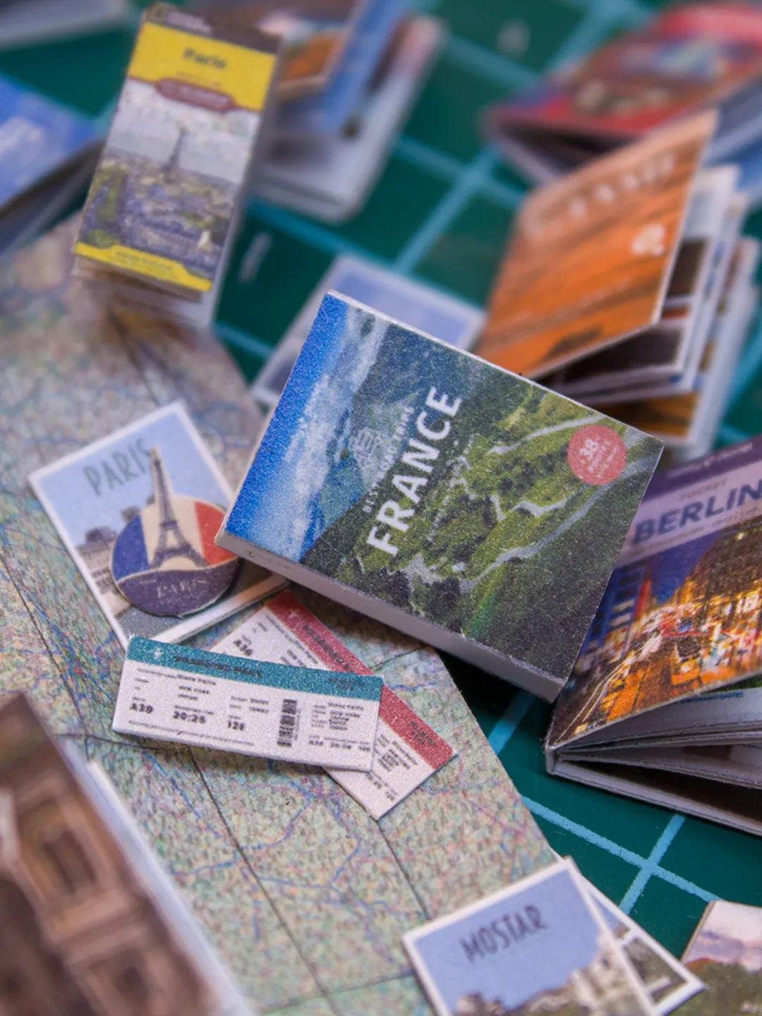 TEMPLATE 3 sheets of miniature travel booklets, maps, postcards, stickers