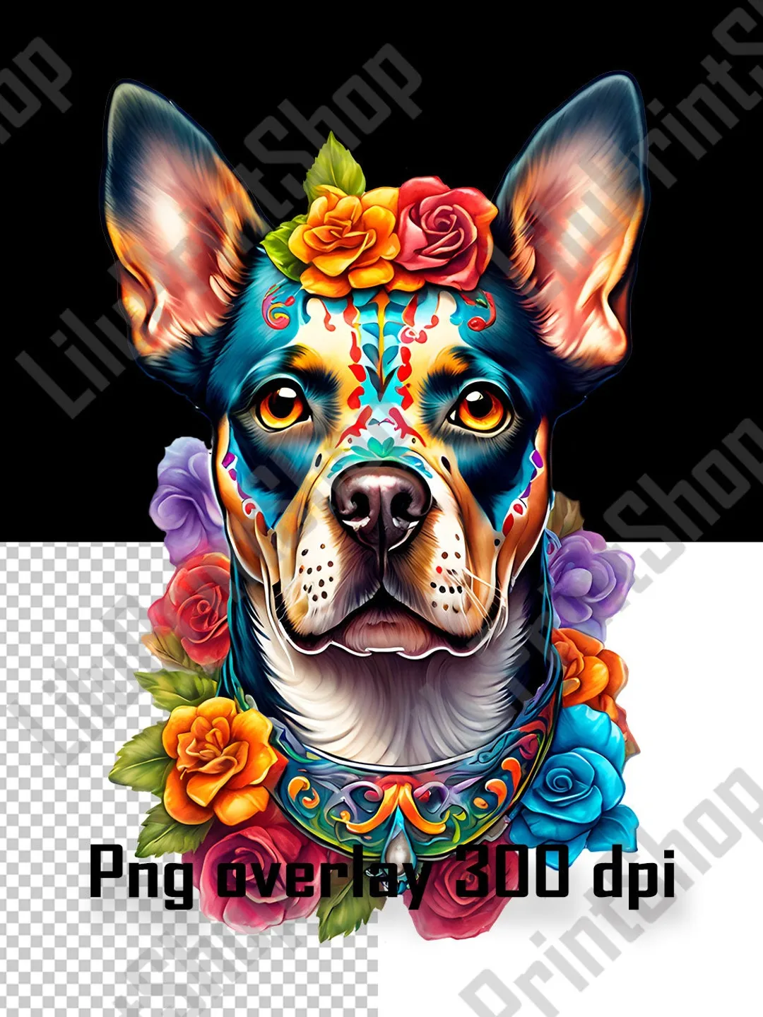 Dog with flowers clipart png, Floral dog head overlay. Digital instant ...
