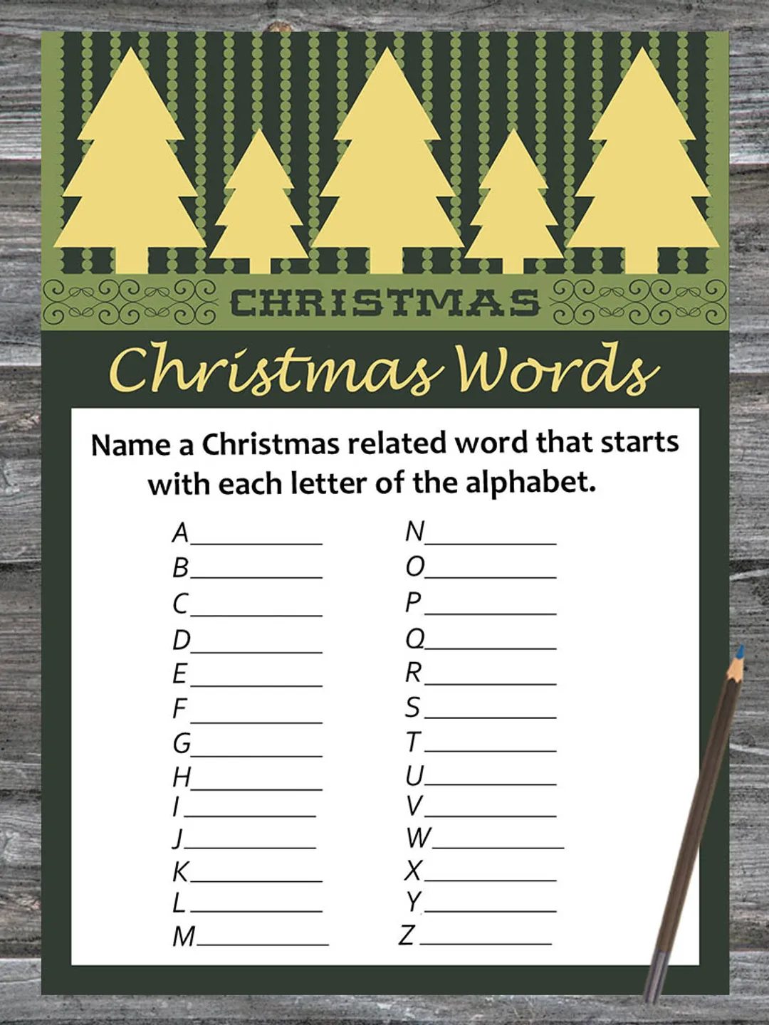 Christmas party games,Christmas Word A-Z Game Printable,Gold Christmas ...