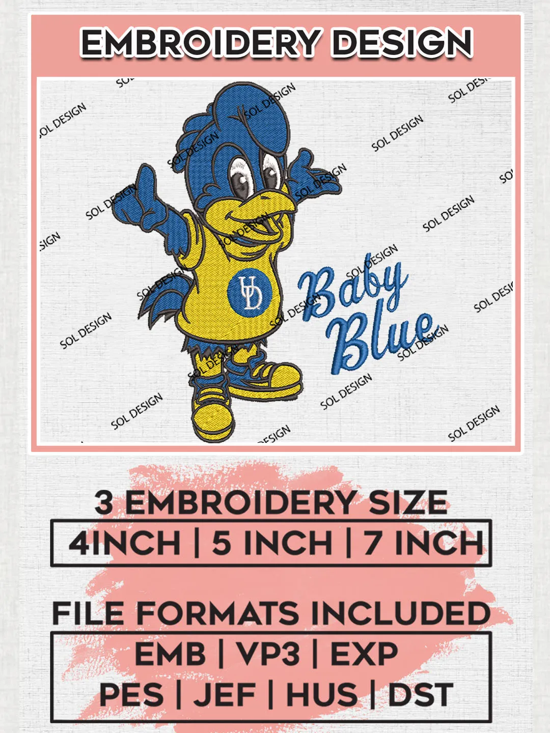 NCAA Delaware Blue Hens Team Baby Blue Mascot Logo Embroidery Design ...