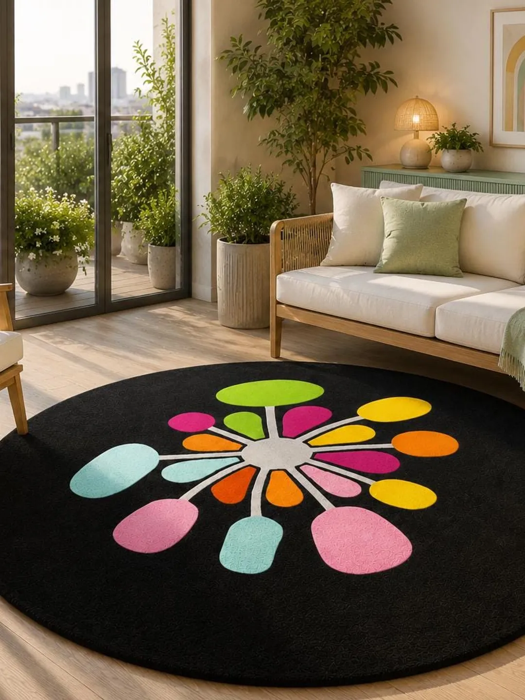 Modern Abstract Flower Hand Tufted Rug, Colorful Round Carpet, Retro ...