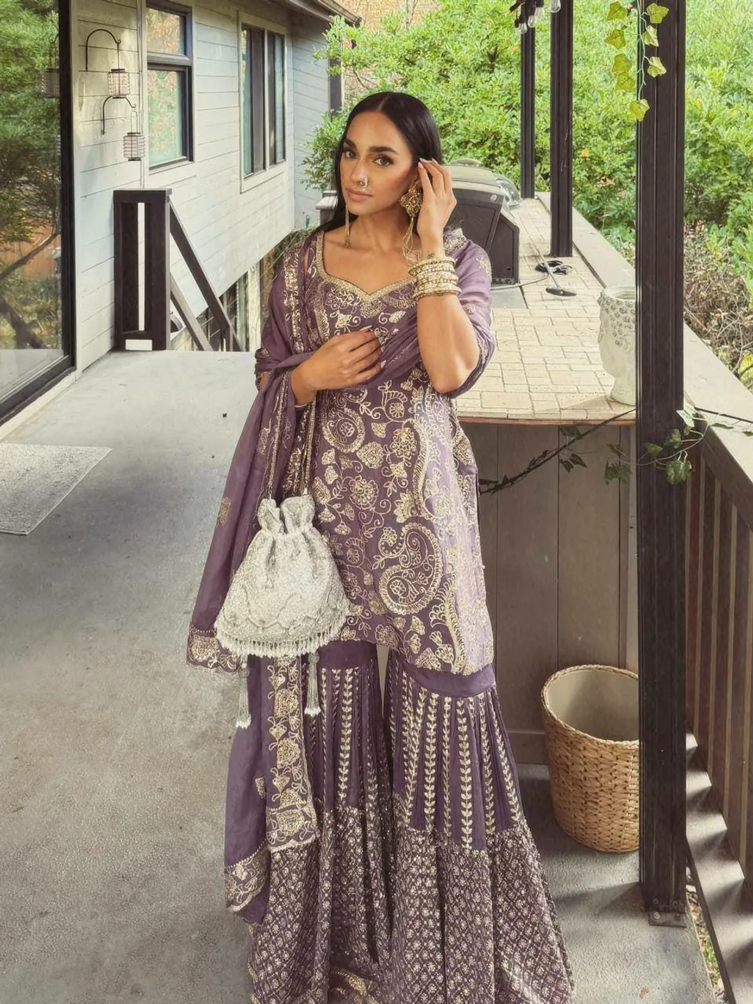 Purple Embroidered Sharara Suit Set with Dupatta Indian Party Wear ...