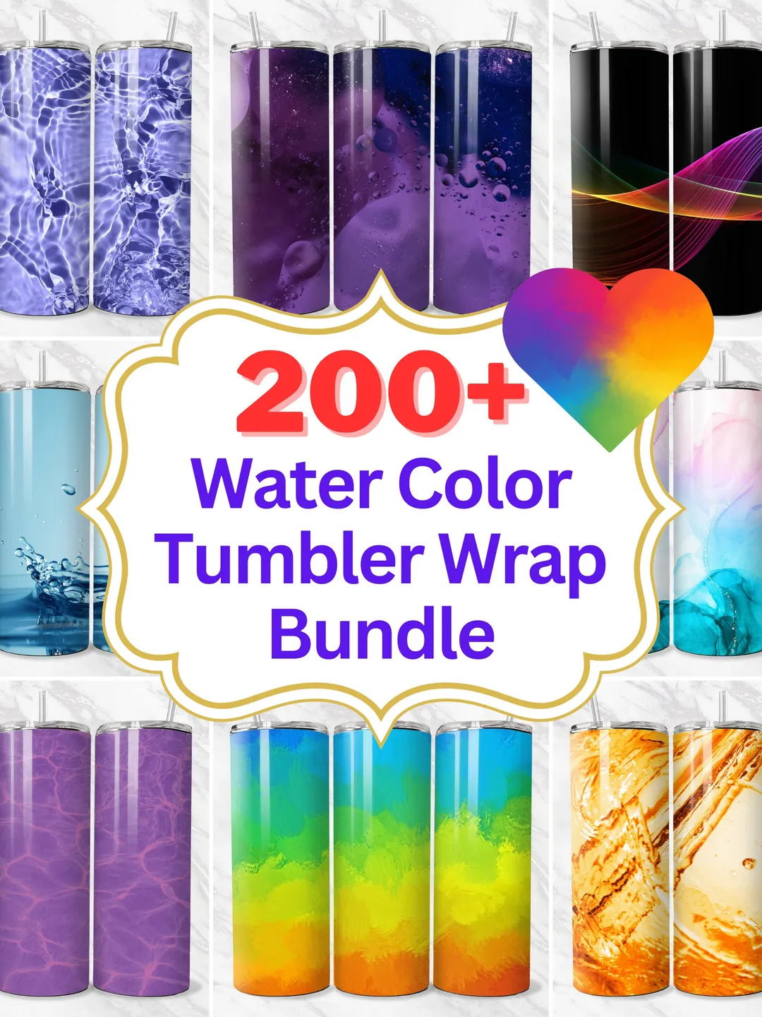 Watercolor Tumbler Wrap Bundle: PNG Sublimation Designs (Digital Download)