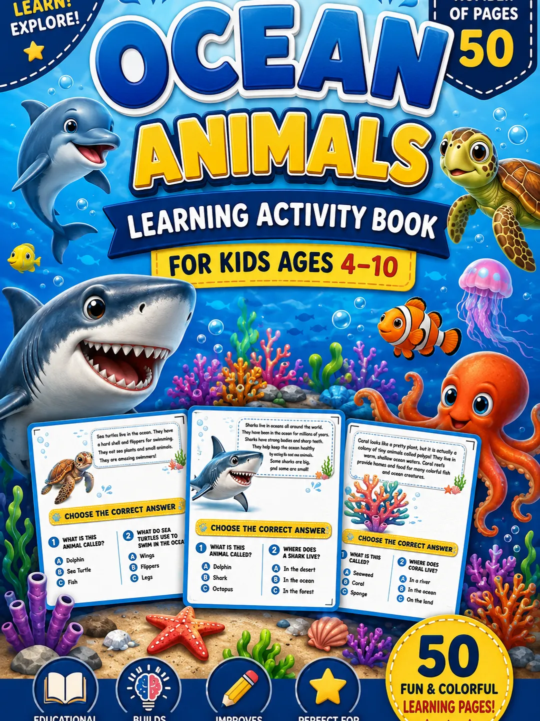 Ocean Animals Learning Activity Book for Kids Ages 4–10
