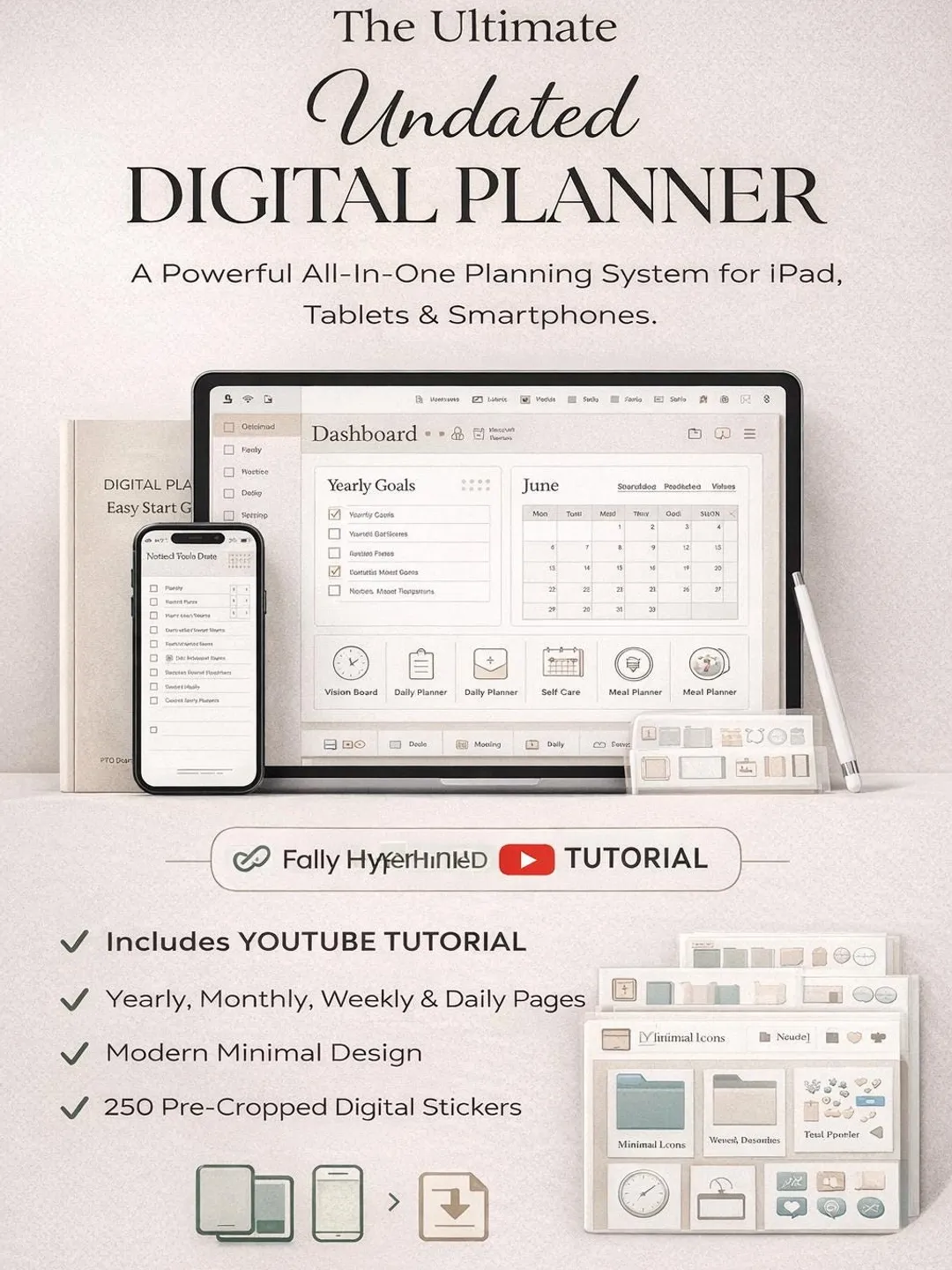 Undated digital planner. GoodNotes PDF planner. Hyperlinked Android Planner