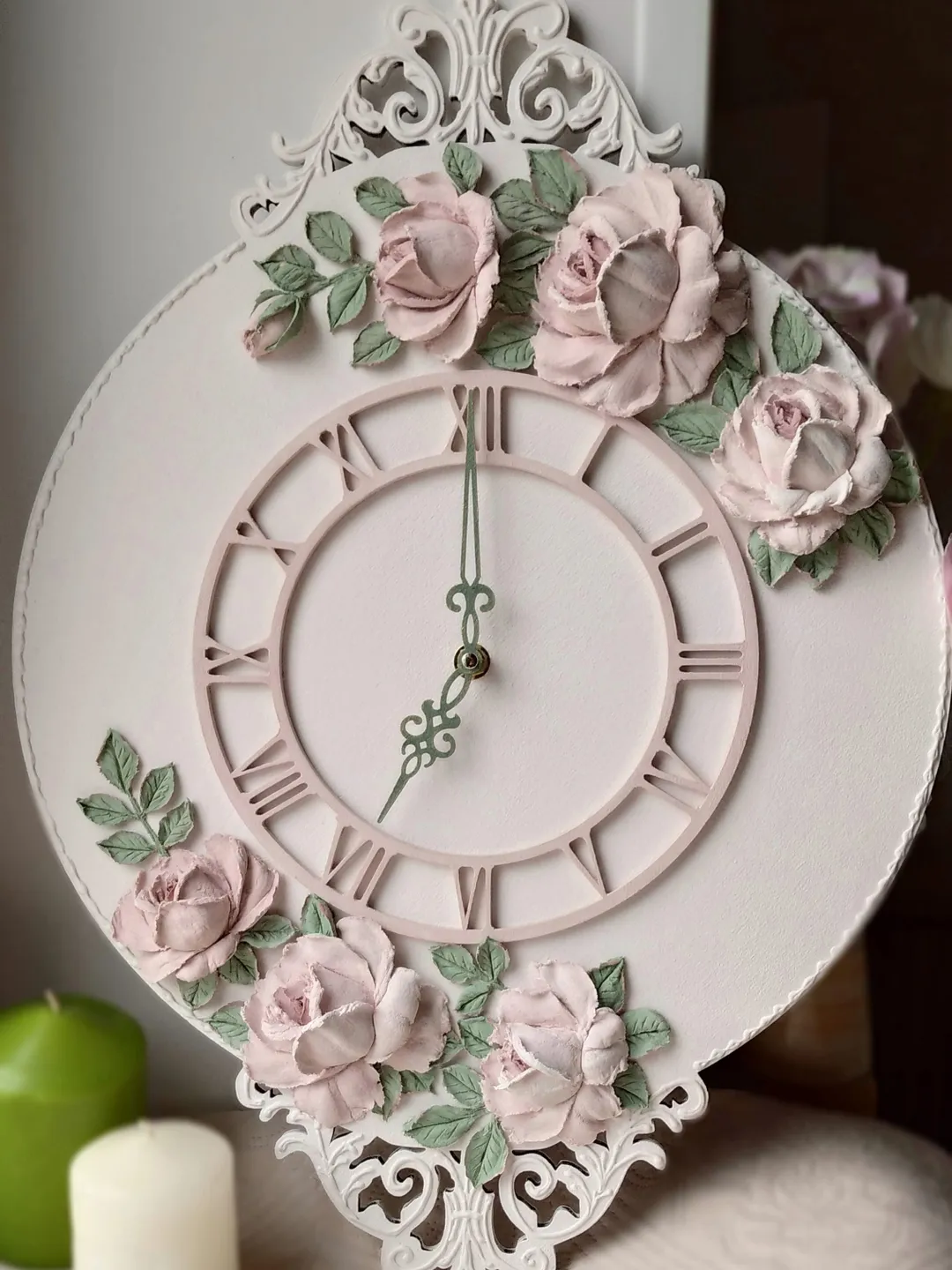 Pink small wall clock with pink roses in shabby chic style Silent clock ...