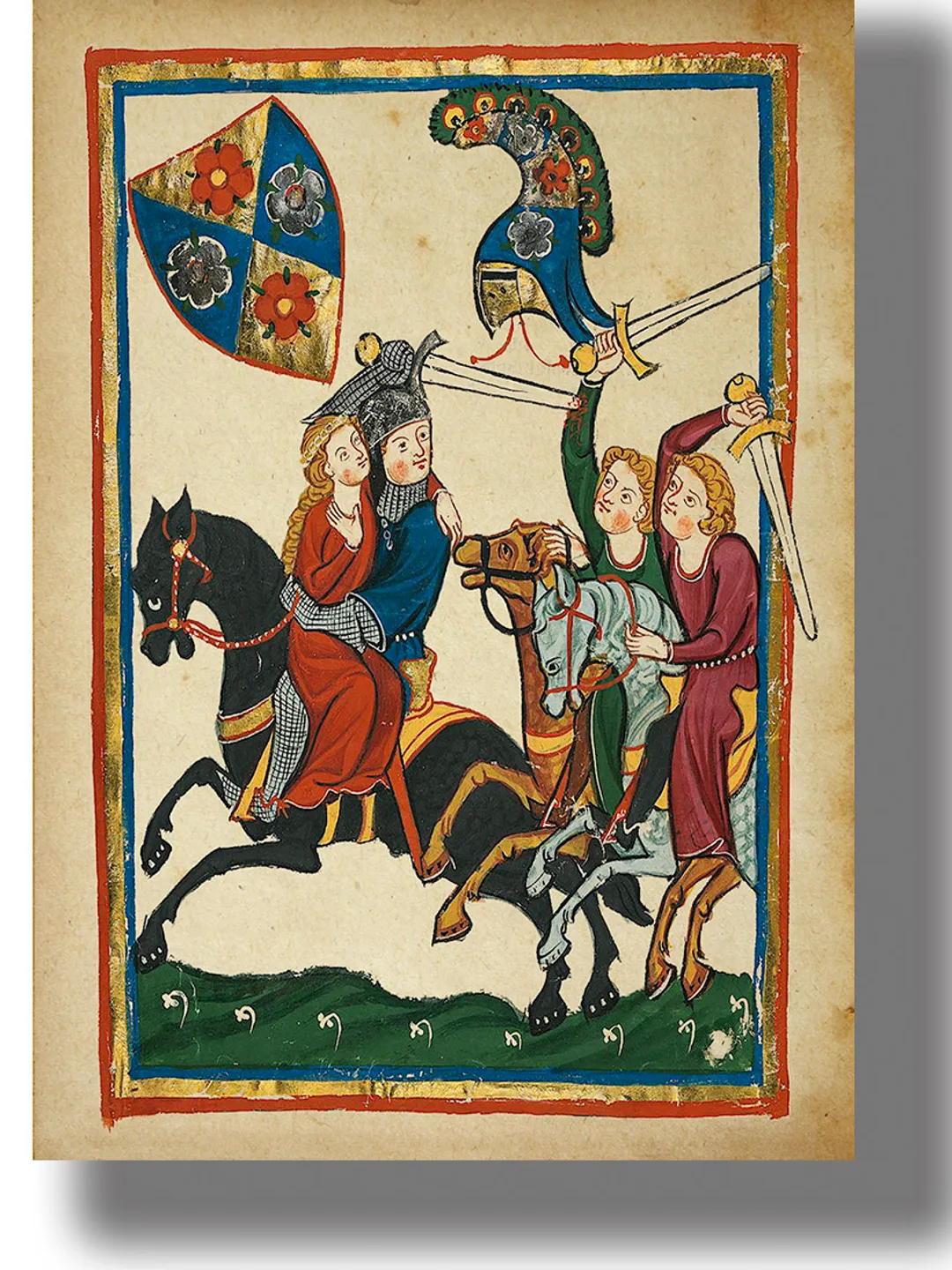 Lovers and their pursuers from a medieval manuscript Codex Manesse.