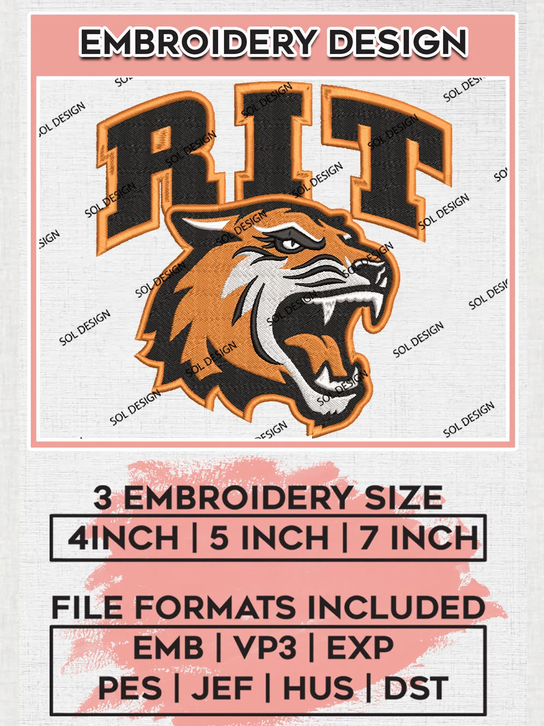 NCAA RIT Team Head Mascot Logo Embroidery Design Files, NCAA RIT Tigers ...