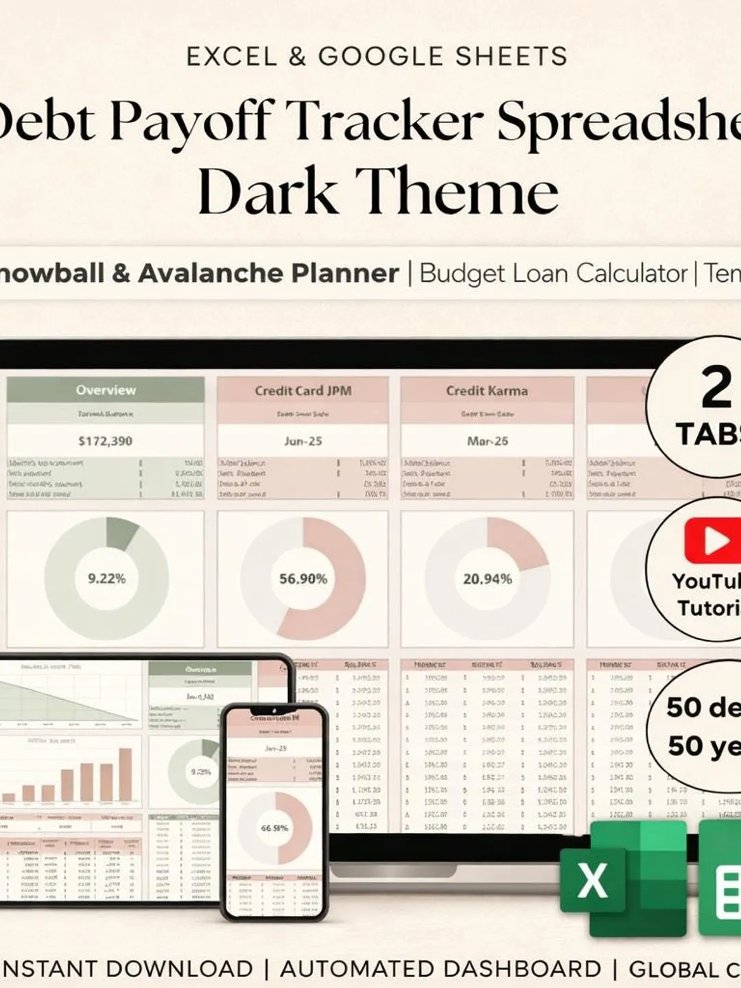 Debt Payoff Tracker Spreadsheet Dark Theme | Snowball & Avalanche ...