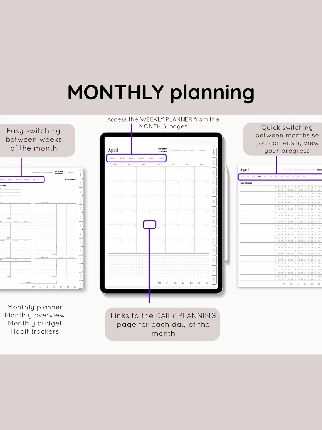 Undated digital planner. GoodNotes PDF planner. Hyperlinked Android Planner
