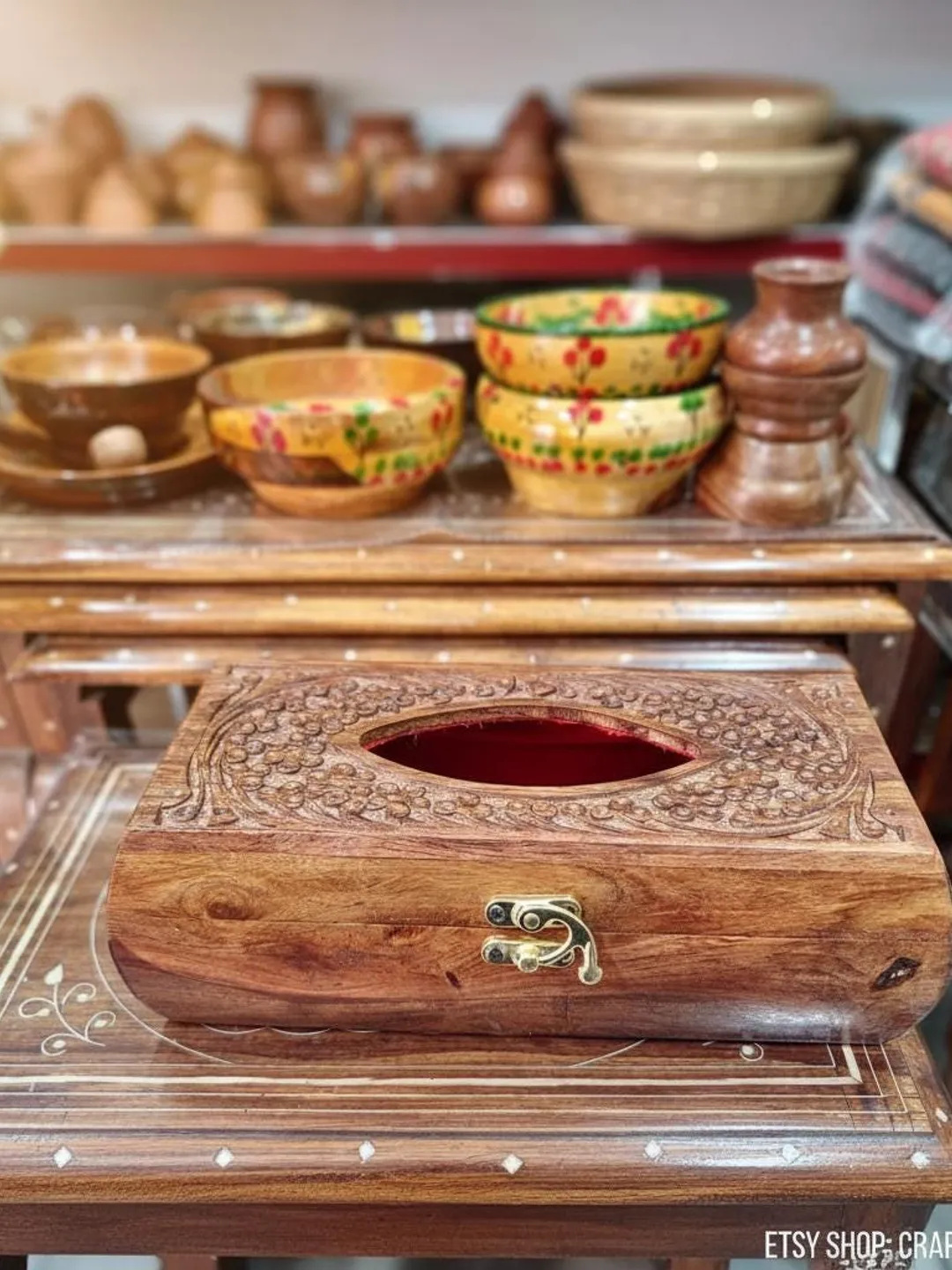 Hand Carved Rosewood Tissue Box Cover, Floral Design Holder, Rustic ...