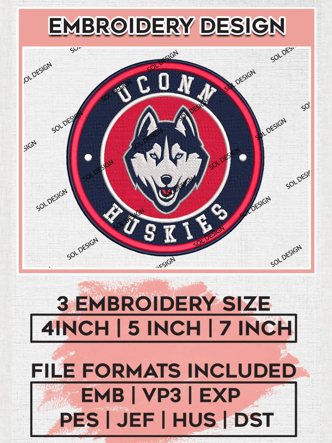 NCAA UConn Huskies Round Logo Embroidery, NCAA UConn Huskies Logo ...