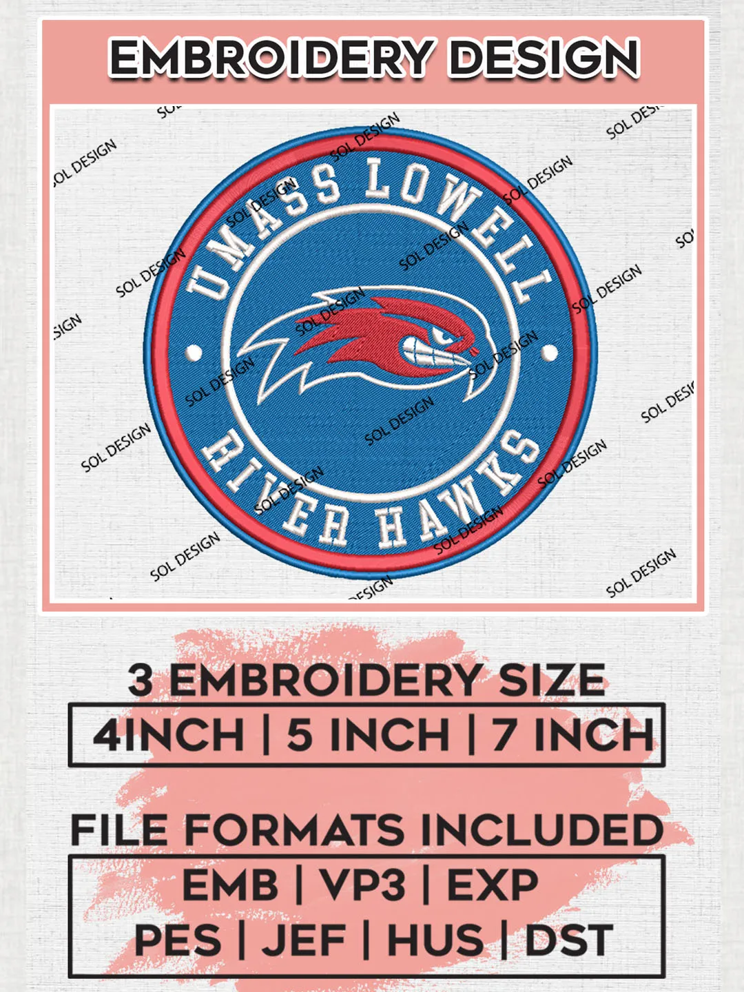 NCAA UMass Lowell River Hawks Round Logo Embroidery, NCAA UMass Lowell ...