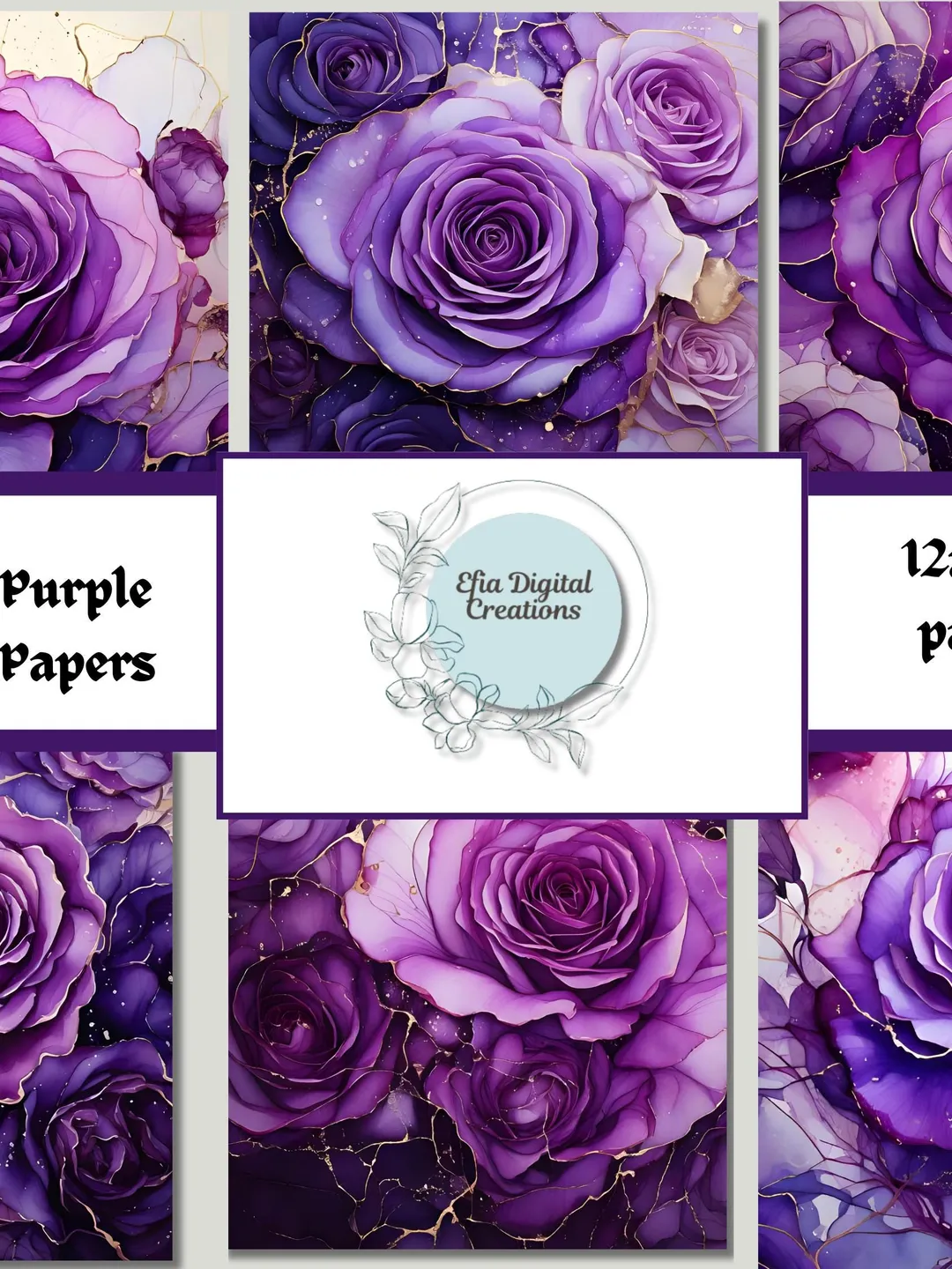 Alcohol Ink Green and Purple Rose Digital Papers, 12x12 Floral ...
