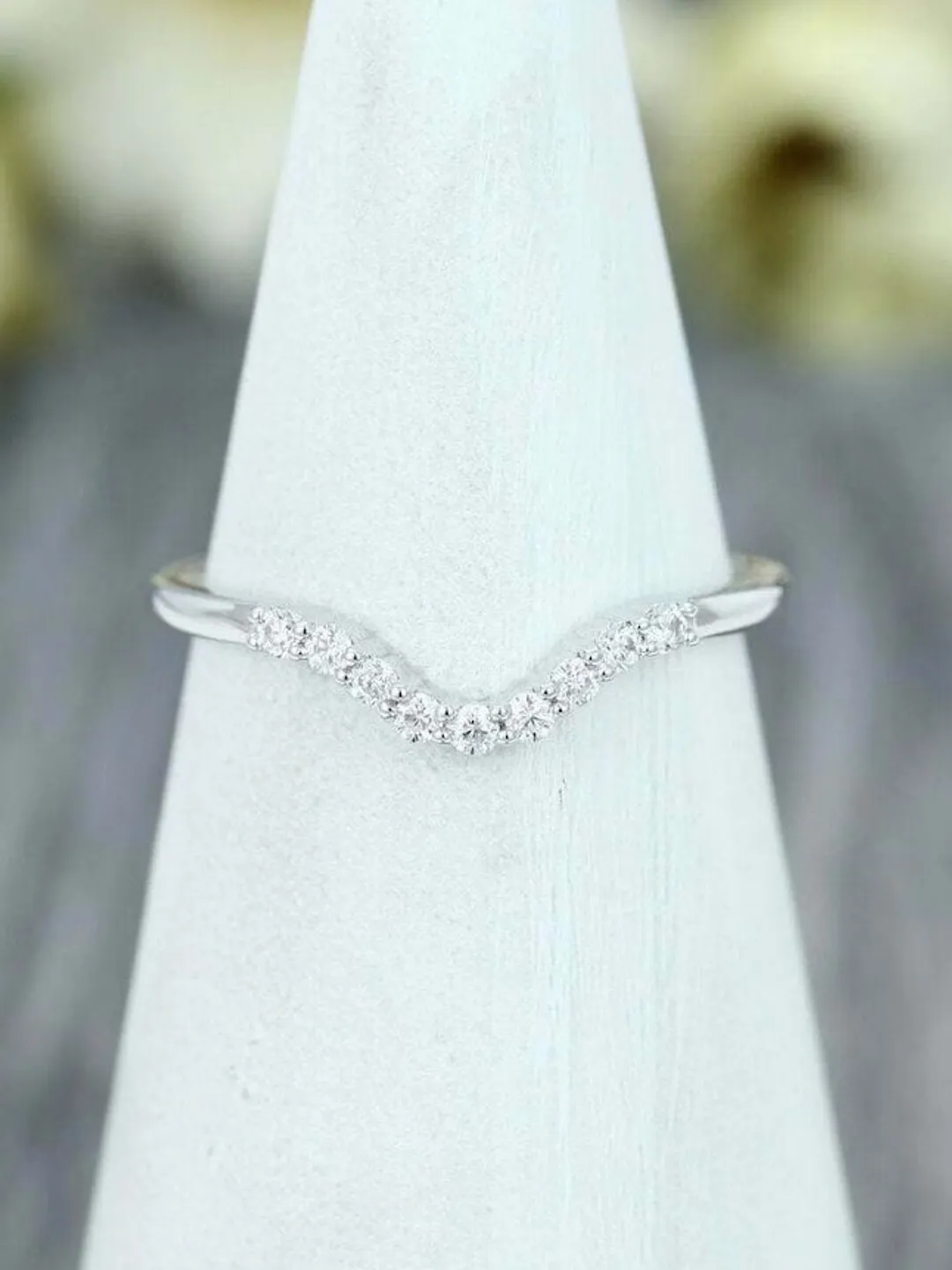 Moissanite Curve Wedding Band: Dainty Sterling Silver Stacking Ring