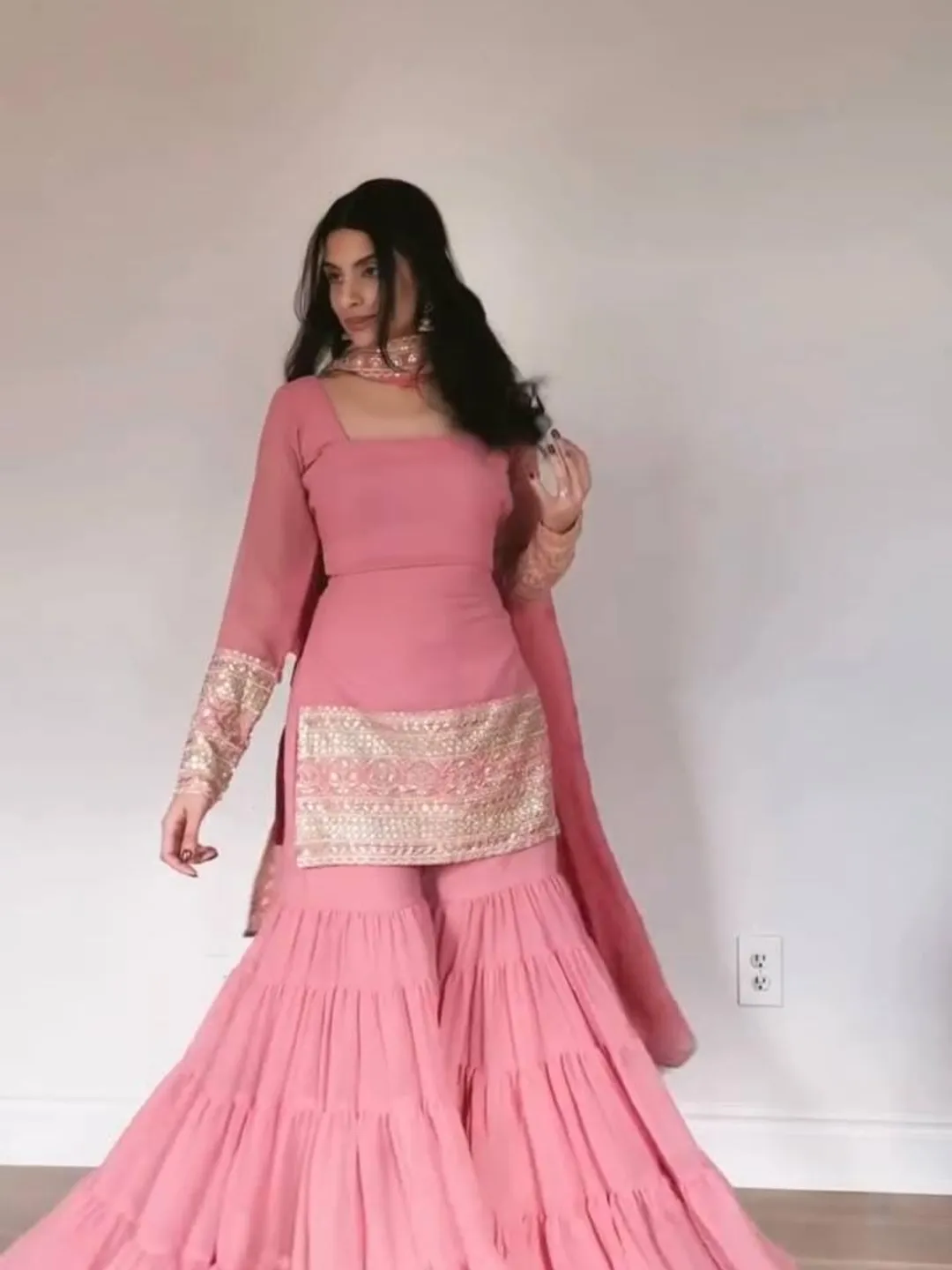 Blush Pink Kurta Sharara Set for Women Embroidered Party Wear Indian ...