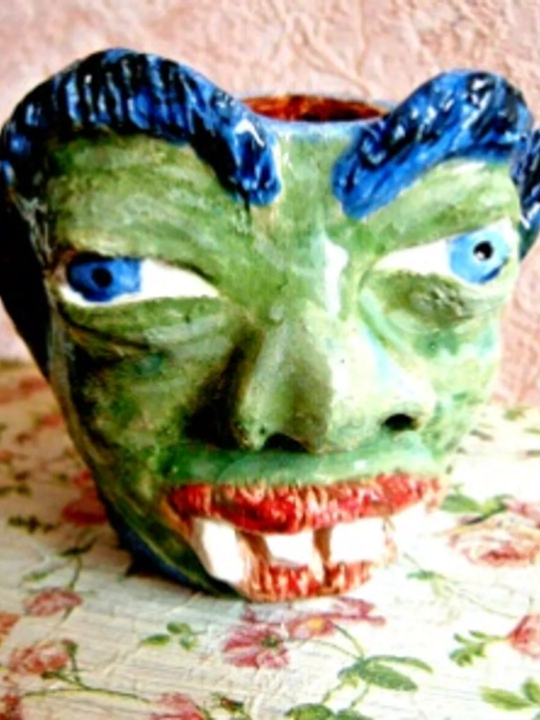 Ceramic Mug Art Face Elf Devil Handmade Stoneware Clay Pottery Glazed Vase
