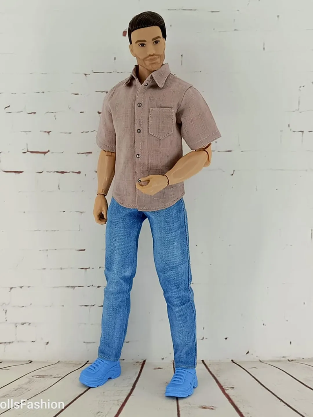 Summer shirt made of beige faux linen fabric for Ken with an athletic body