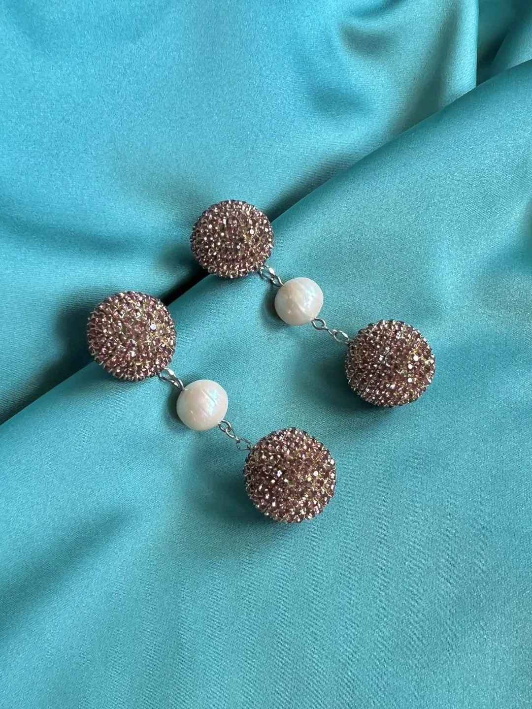 Crystal Balls and natural pearl on Chain Earrings