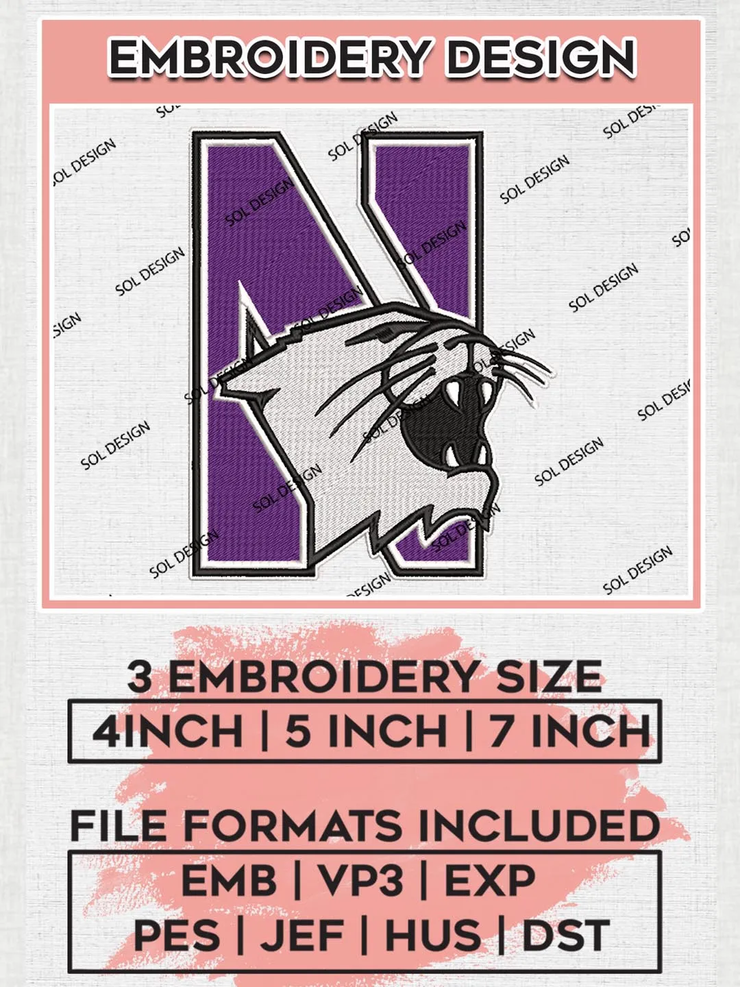 NCAA Northwestern Wildcats Team Mascot Logo Machine Embroidery Design ...