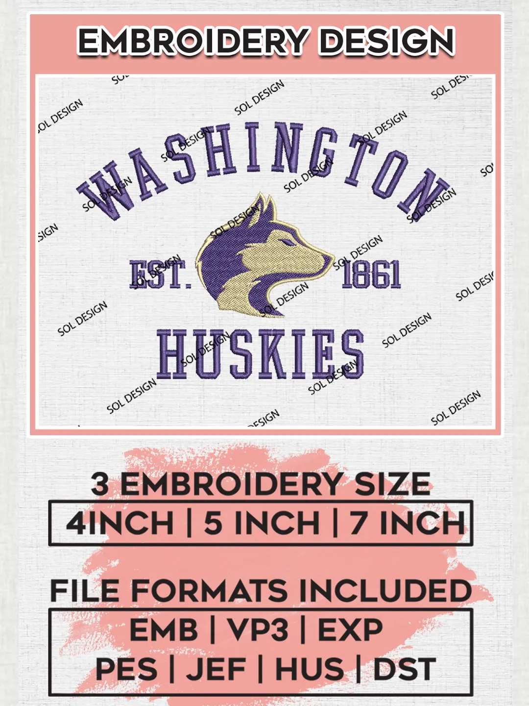 Washington Huskies Est 1861 Logo Embroidery Designs, NCAA Washington ...