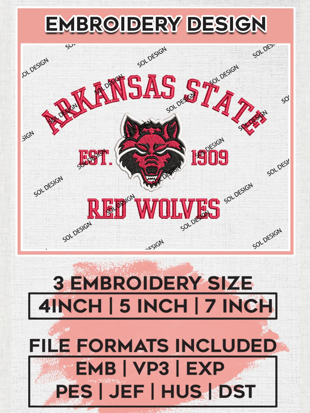 Arkansas State Red Wolves Est 1909 Logo Embroidery Designs, NCAA ...