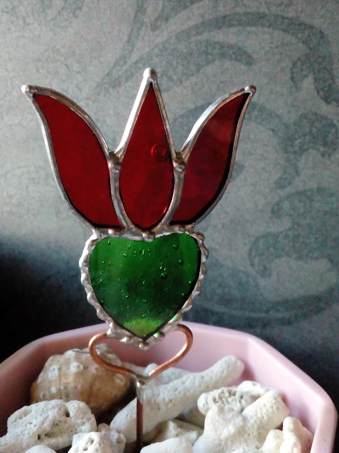 Garden art Nature stained glass, brown glass flower Plant pot stake ...