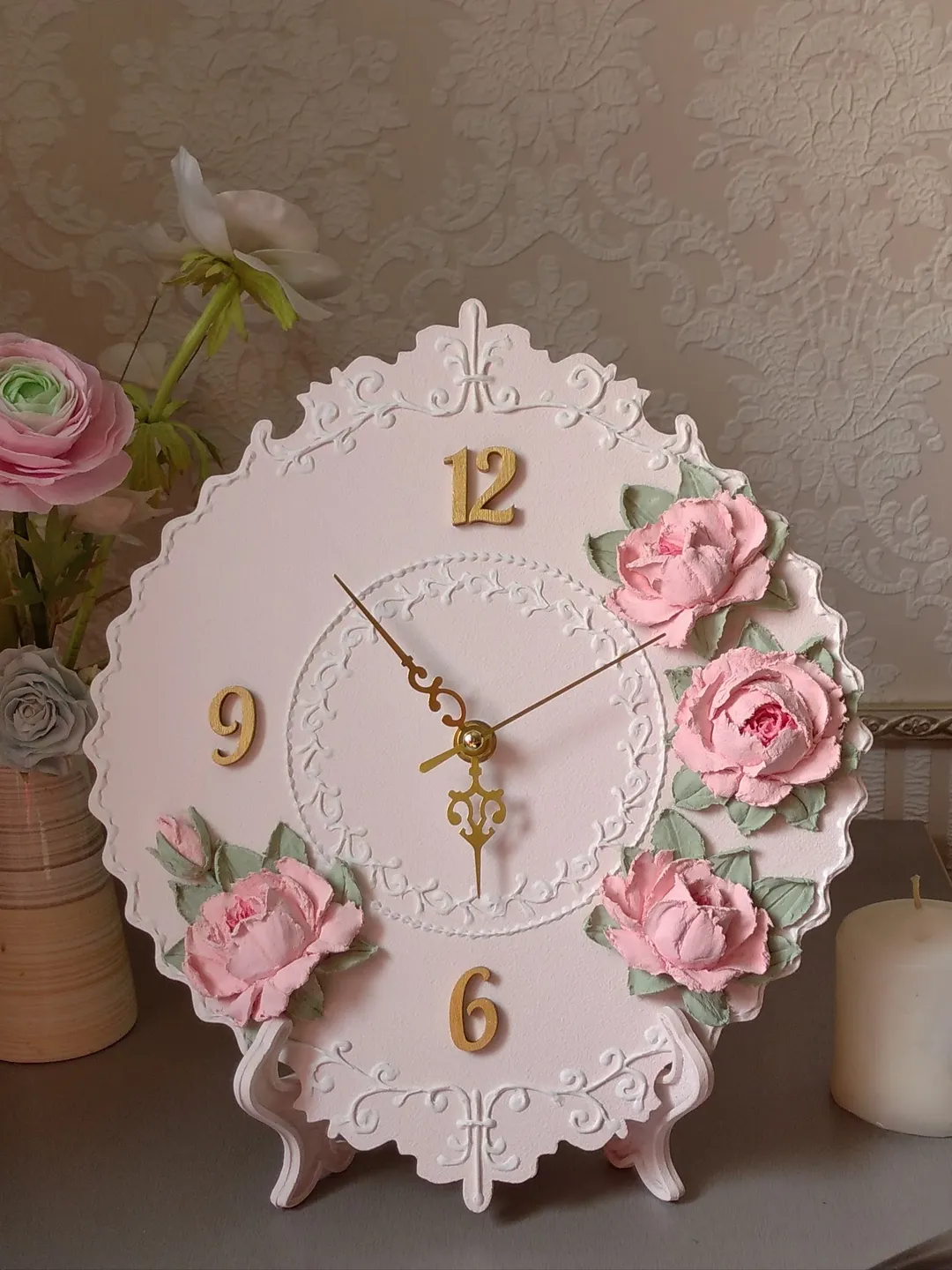 Pink small wall clock with pink roses in shabby chic style Silent clock ...