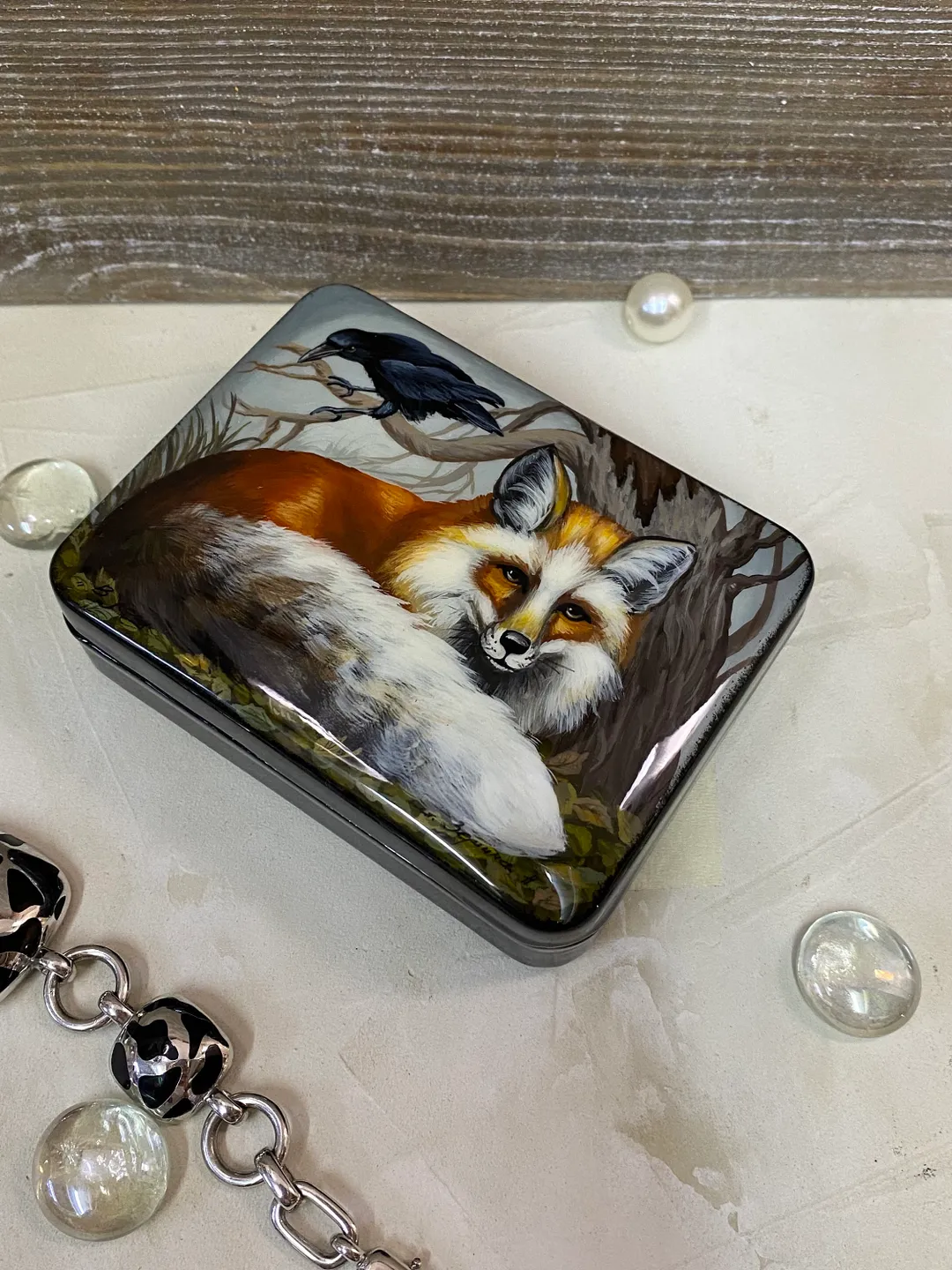Russian lacquer box "Fox" Miniature hand-painted. Russian technique of ...