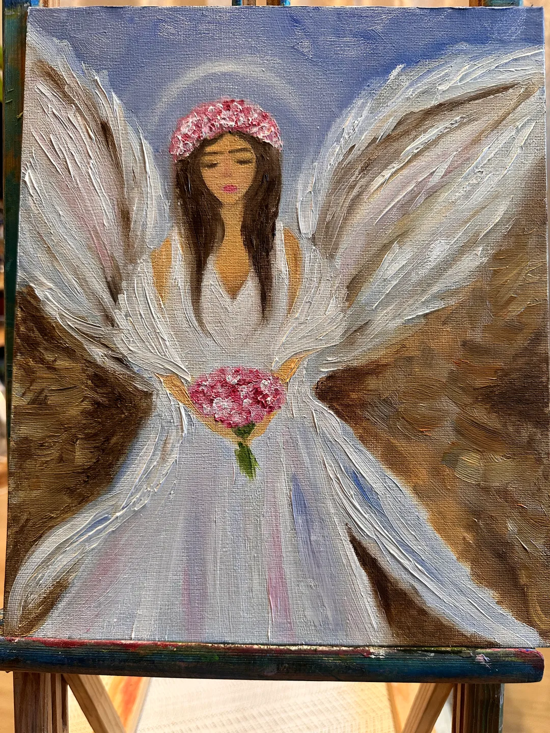 Oil Painting Angel Girl with a Bouquet of Flowers Figurative People ...