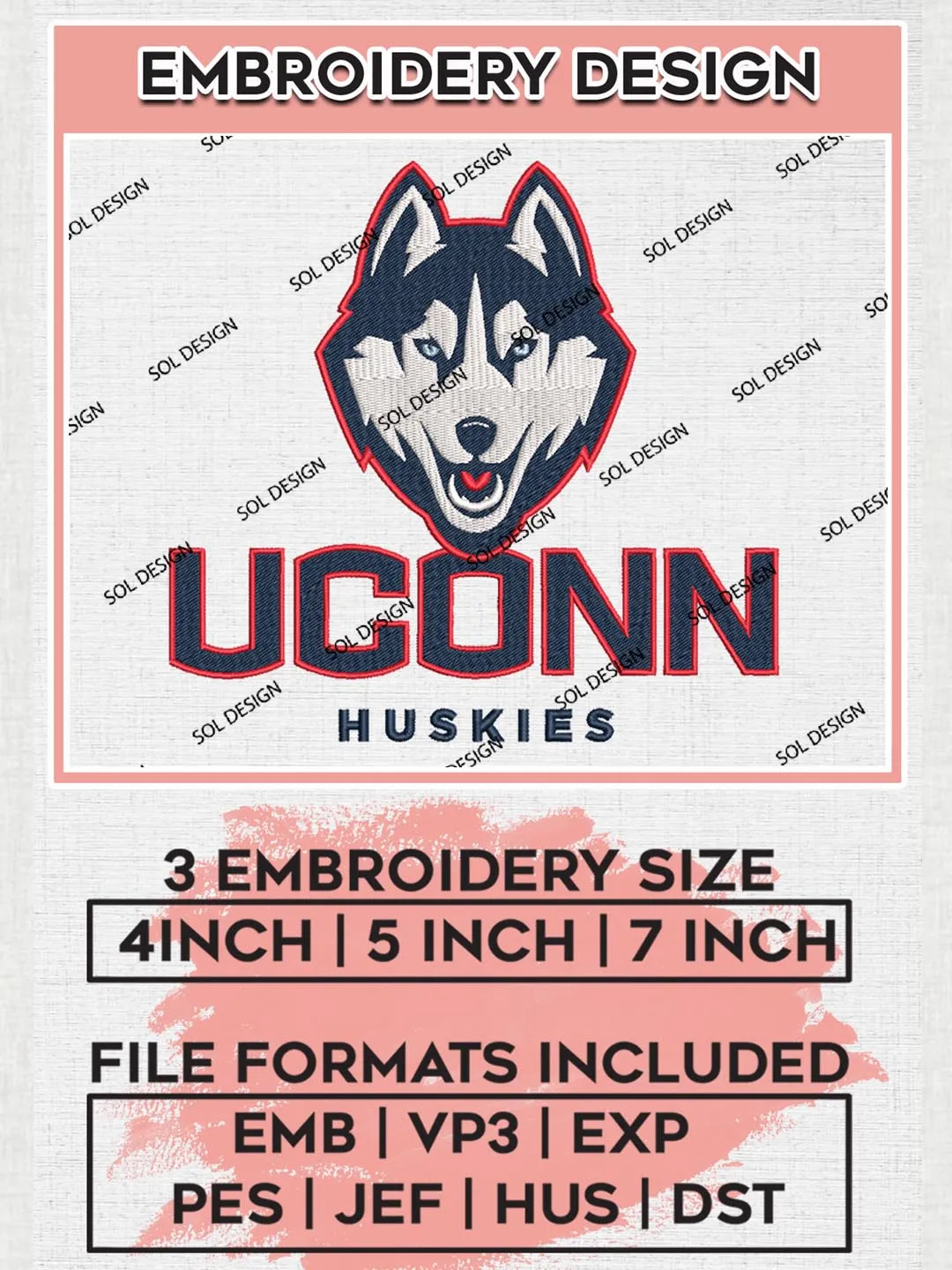 UConn Huskies Mascot Logo Machine Embroidery Design, NCAA UConn Huskies ...