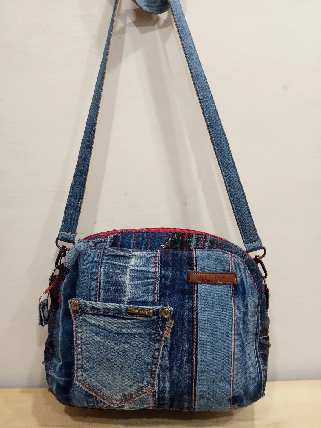 Small denim crossbody or shoulder bag, handmade in crazy patchwork ...